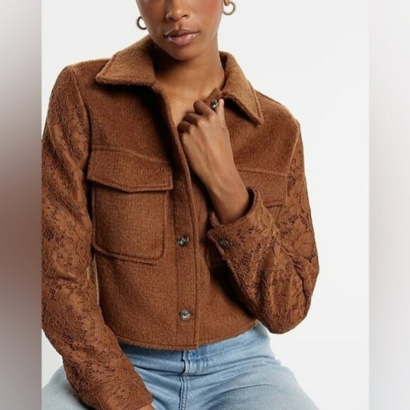 Express | Jackets & Coats | Express Tweed Lace Sleeve Cropped Shacket ...